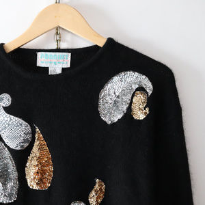 Vintage | Sweaters | Vintage 8s Sequin Silk Angora Long Sweater Black | Poshmark
